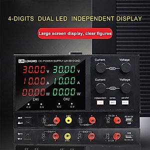 LWLONGWEI DC Power Supply Variable,4 Channels 30V 10A 2 * 300W Adjustable Switching Regulated DC Bench Power Supply with 4-Digits LED Power Display 5V/2A USB/DC Output Black
