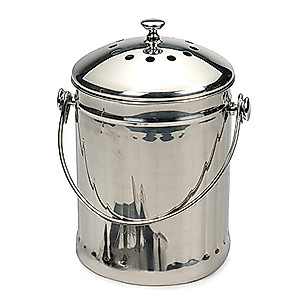 RSVP International Endurance (PAIL) Stainless Steel Compost Pail with Charcoal Filters, 1 Gallon | Keep Food Scraps & Organic Waste for Soil | 2 Charcoal Filters for Odor Control | Dishwasher Safe