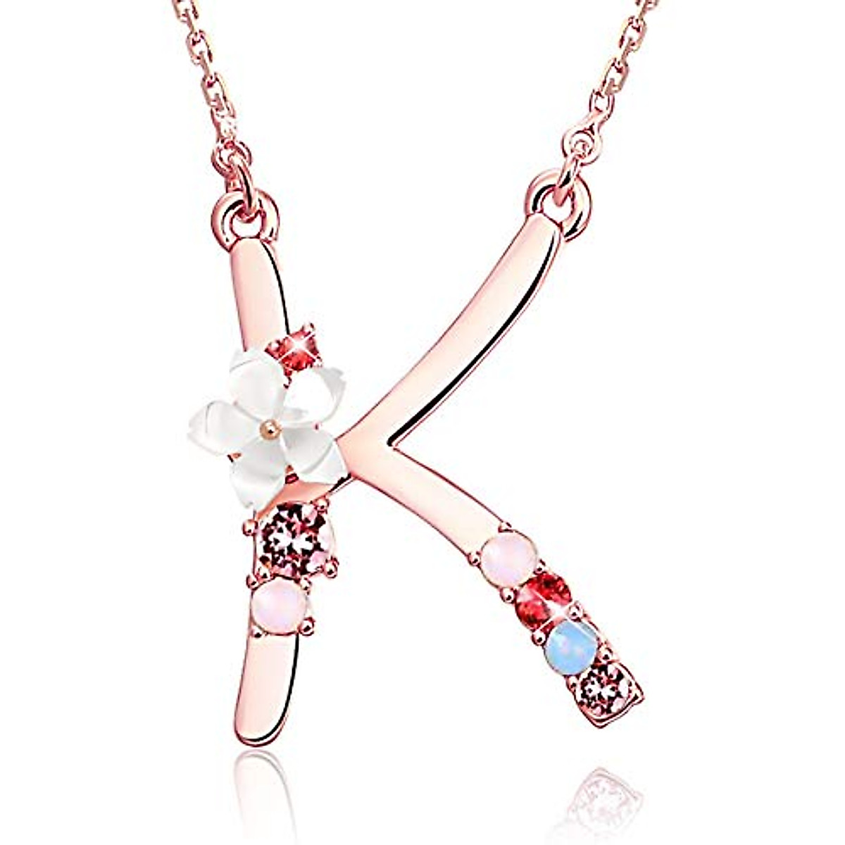 Flower Initial Necklace Amethyst Pink Ruby Red Opal Blue Simulated Pearl Pendant Name Jewelry Made with Swarovski Crystals Rose Gold Plated Anniversary Birthday Gifts for Women Girl,18"+2" (Letter K)