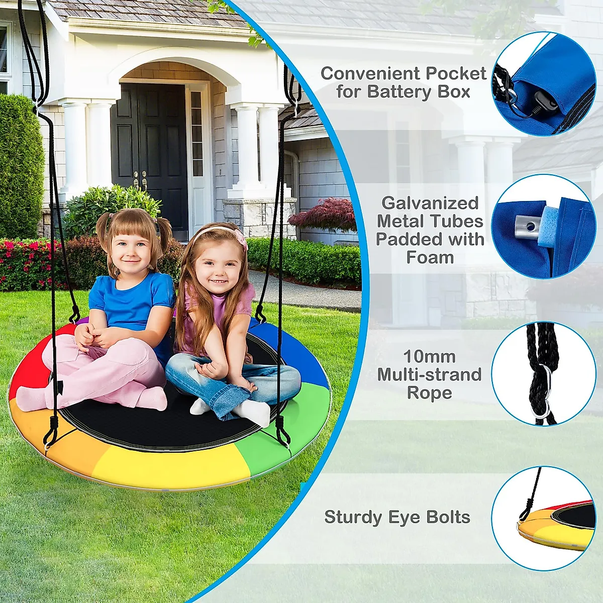 Costzon 40” Flying Saucer Tree Swing with LED Lights for Kids Adults, Indoor Outdoor Saucer Swing with Adjustable Multi-Strand Hanging Ropes, Safe Round Swing for Tree, Swing Set, Backyard (Colorful)