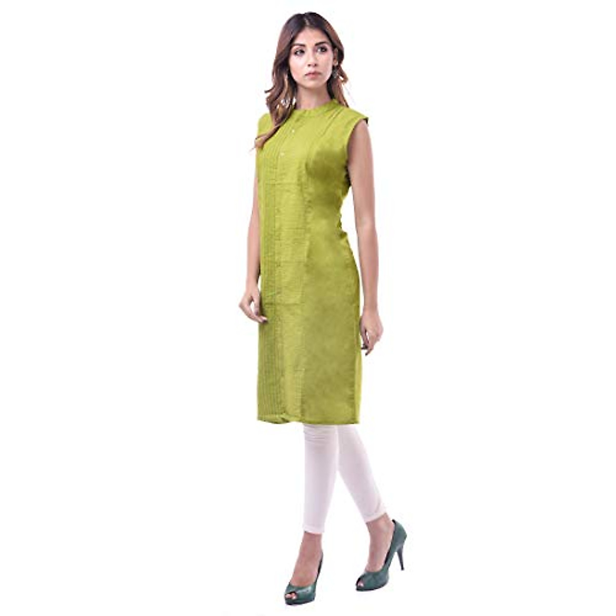 Chichi Indian Women's Cotton Plain Green Kurti Sleeveless Top