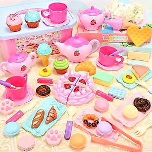 Tagitary Tea Party Set for Little Girls,Toys Tea Set Princess Pretend Play Toys,Including Dessert Cookies Teapot Cups Tablecloth and Carrying Case,Learning Toys Birthday Party Gift for Toddlers
