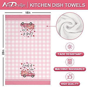 AnyDesign Valentine's Day Kitchen Towel Pink Romantic Truck Love Gnome Dish Towel Buffalo Plaids Sweet Hand Drying Tea Towel for Wedding Anniversary Cooking Baking, 18 x 28 Inch, Set of 4