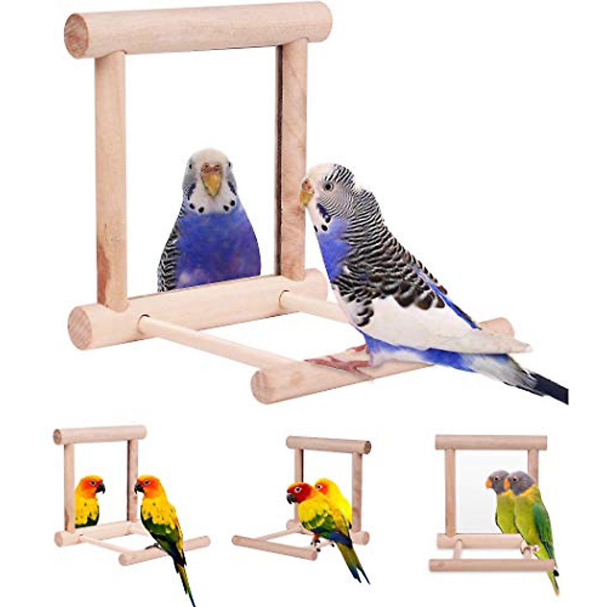 HAPPTYTOY 2Pcs Bird Mirror Fun Play Toy for Budgies Small Parrot Parakeets Love Birds Cage Swing Wooden Toy for Birds (2Pcs)