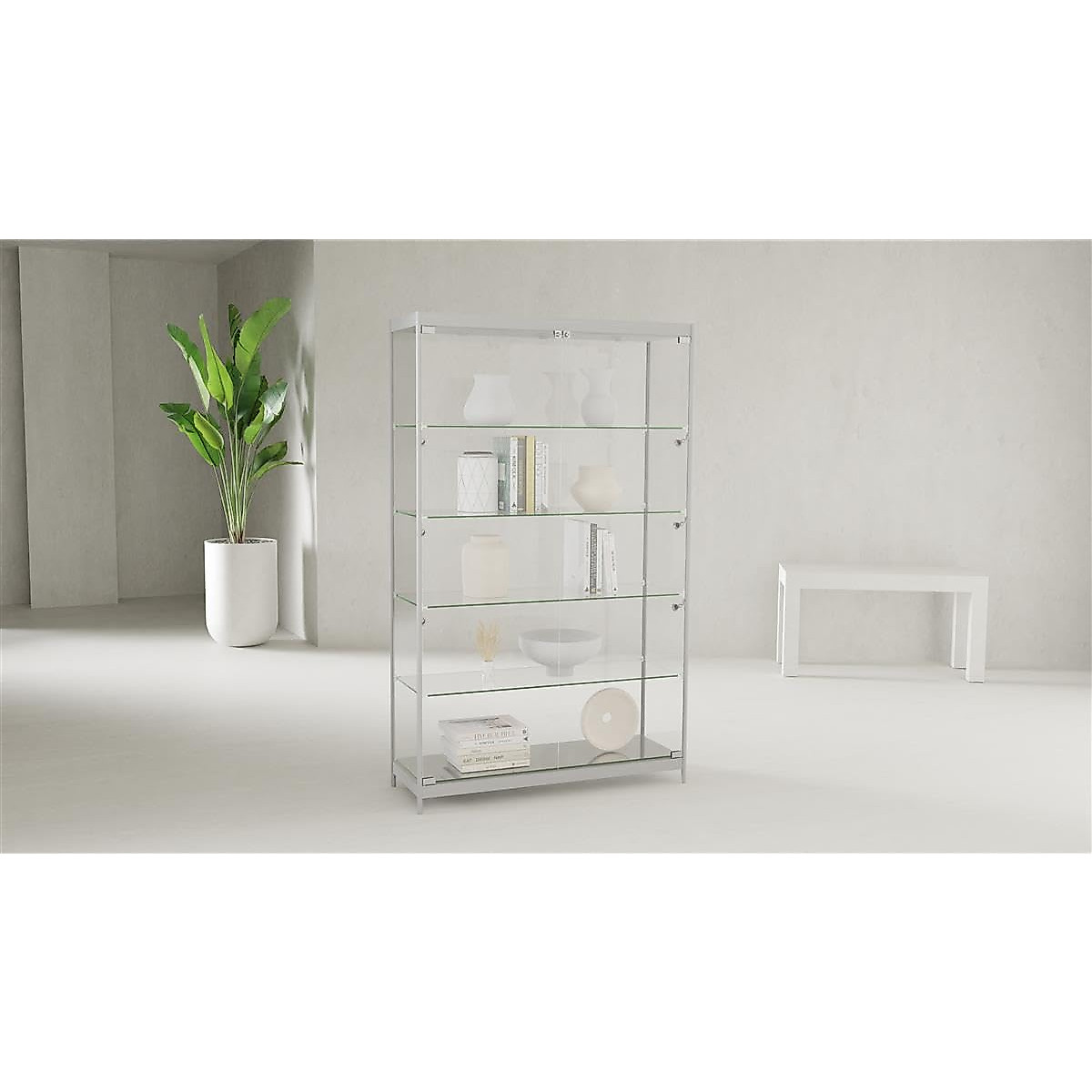 Displays2go Tempered Glass Showcases in Silver, Anodized Aluminum & Melamine, LED Lighting – Silver (LESC4816SV)