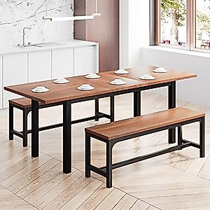 iPormis 3-Piece Dining Table Set for 6-8 People, 63'' Extendable Kitchen Table with Metal Frame and Wood Board, Space Saving Dinette for Dining Room, Laminate Finished, Easy Clean, Walnut