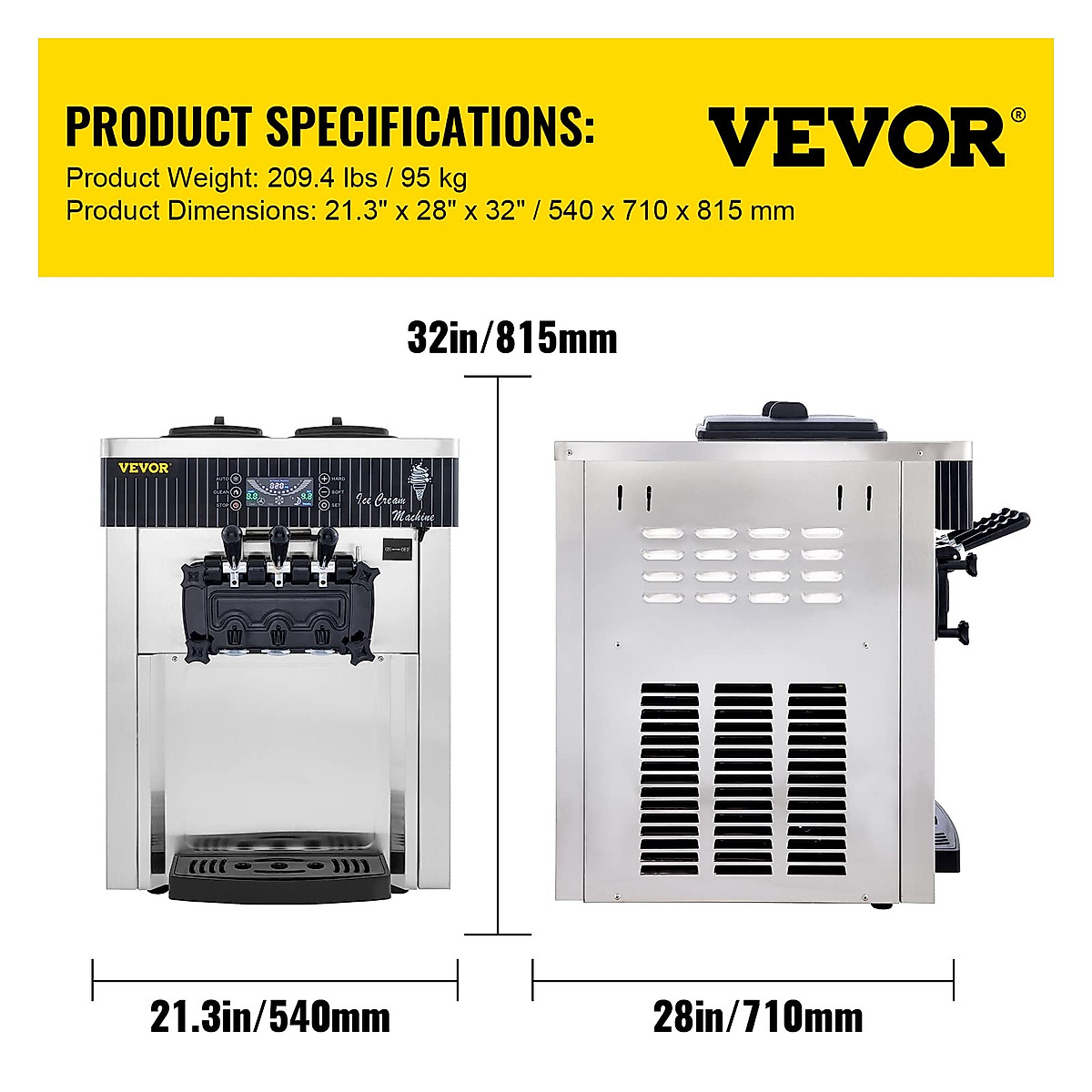 VEVOR Commercial Ice Cream Machine 5.3 to 7.4Gal per Hour Soft Serve with LED Display Auto Clean 3 Flavors Perfect for Restaurants Snack Bar, 2200W, Sliver