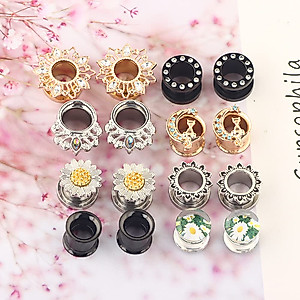 8 Pairs Ear Tunnels Gauges For Women Black Internally Flare Earrings Plugs Gauges For Ear Stainless Steel Plug Tunnel Piercing Stretcher Kit Rhinestone Flower Drop 10mm 00g