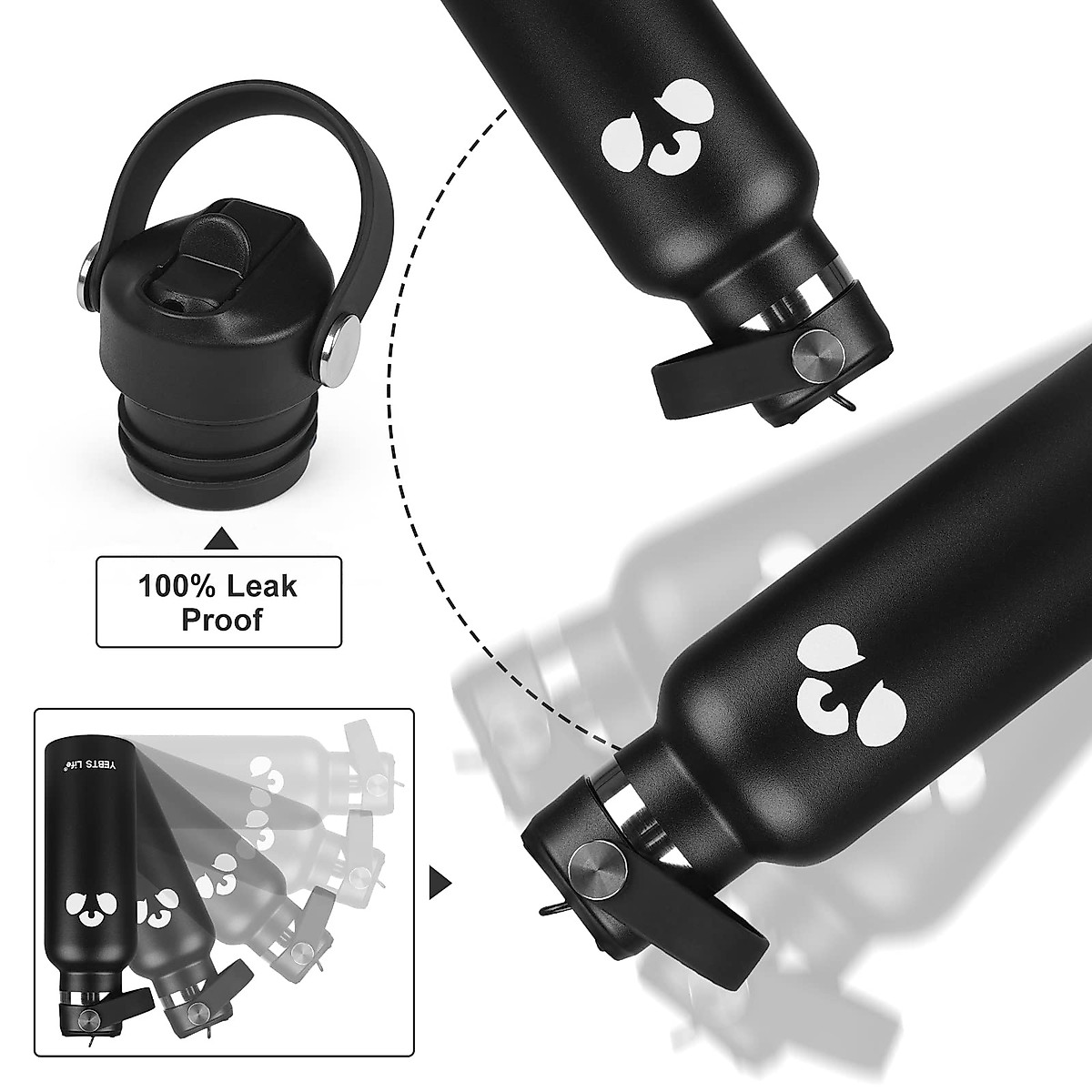 YEBTS LIFE Water Bottle,Vacuum Insulated Water Bottles with 2 Lids & 2 Straws&Brush,Stainless Steel Water Bottles Keep Hot and Cold,Leak Proof,Sports Water Bottle for Hiking Biking Sport (18oz, Black)