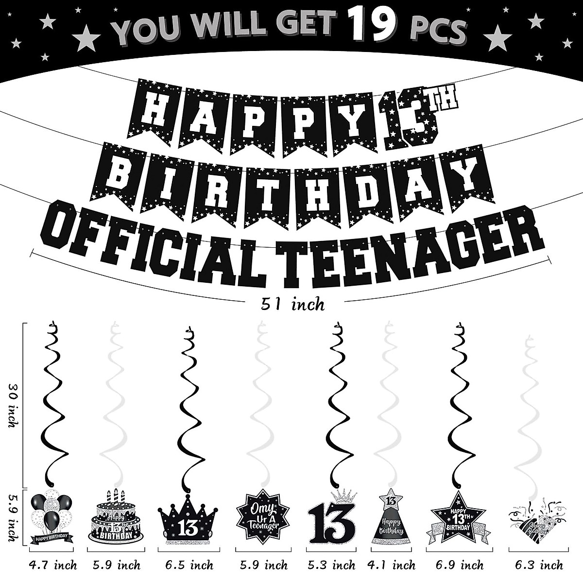 HTDZZI 13th Birthday Decorations for Boys Girls Black White, Pre-Strung Official Teenager Happy 13th Birthday Banner Backdrop Hanging Swirls, 13 Years Old Birthday Party Sign Decor Supplies Kit