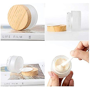 Healthcom 10 Pack 10 Grams/10 ML Empty Jars Round Frosted Glass Cosmetic Cream Jar Bottle with Wood Grain Lid Cosmetic Containers Refillable Glass Face Cream Box Pot for Makeup Lip Balms Eyeshadow