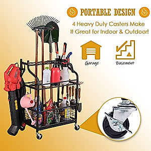 Snail Garden Tool Storage Organizer with Wheels Yard Tool Stand Holder for Garage Lawn and Outdoor, Steel Yard Tool Racks to Store Yard Long Rakes, Brooms, Mops and Buckets, Garden Tool Rolling Cart