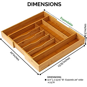 Vaiyer Bamboo Expandable Drawer Organizer for Utensils Holder Expands up to 20 inches wide, Adjustable Cutlery Tray, Wood Drawer Dividers Organizer for Flatware, Silverware, Knives in Kitchen