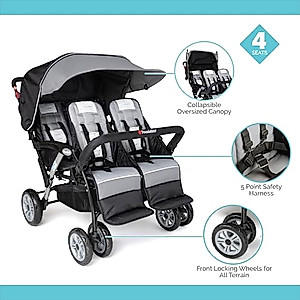 Foundations Sport Quad 4 Seat Folding Stroller with Oversized UV Blocking Canopy, 5-Point Harness for Added Safety, Easy Loading, Storage Bucket (Gray)