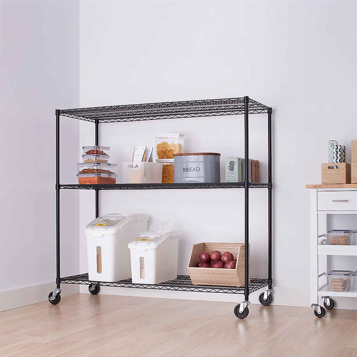 TRINITY Basics 3-Tier Adjustable Wire Shelving with Wheels for Kitchen Organization, Garage Storage, Laundry Room, NSF Certified, 600 to 1350 Pound Capacity, 60” by 24” by 54”, Black