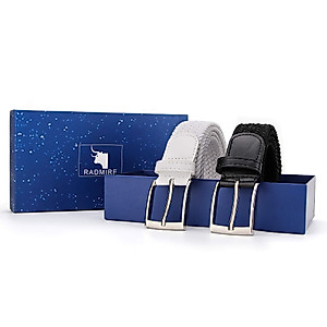 Radmire 2 Pack Elastic Braided Woven Canvas Belts for Men and Women (Black+White, Small/28-30" Waist)