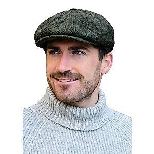 Mucros Weavers Newsboy Tweed Cap Irish Hat for Men's 8 Piece Flat Driving Cap Made in Ireland (Large, Green Herringbone)