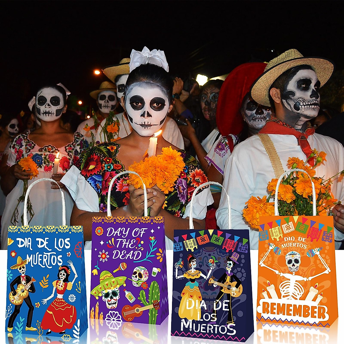 YVAINE 12 Pieces Day of The Dead Gift Bags with Handle Dia De Los Muertos Paper Party Favor Bags Sugar Skull Paper Bag for Halloween Birthday Party Decoration Mexican Fiesta Party Supplies