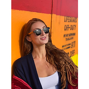Woodies Gold Semi-Rimless Walnut Wood Retro Sunglasses for Men and Women | Black Polarized Lenses and Real Wooden Frame | 100% UVA/UVB Protection