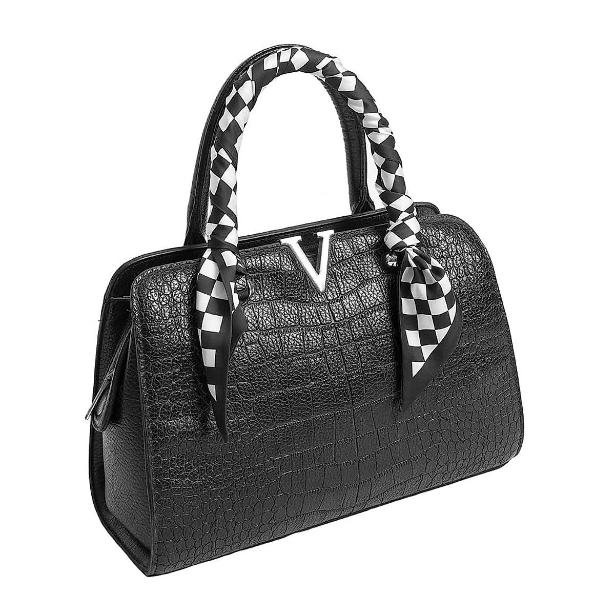 2 PCS Bag Handbag Handle Ribbon Scarf Head Band Hairband Halloween Checkerboard Print Neck Scarf Black and White