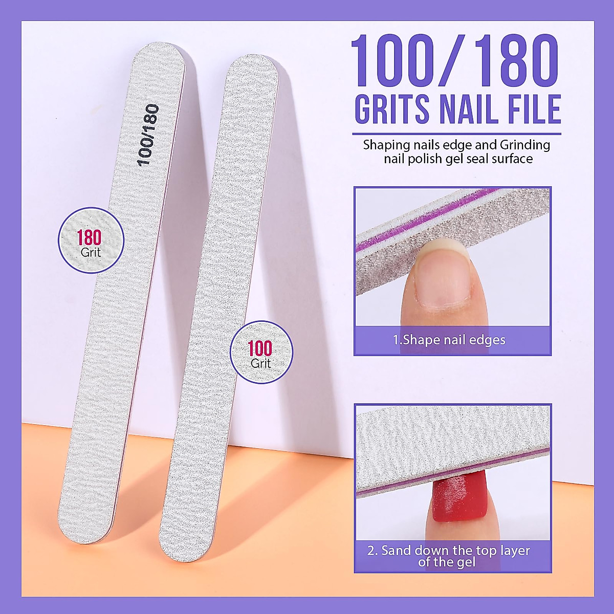 Teenitor Nail Polish Gel Remover Tools Kit with Nail Clips Nail Remover Pads Cuticle Pusher Nail Brushes Nail File Grits 120/180 Buffer Block Grits 400/4000, 6 Pack Purple
