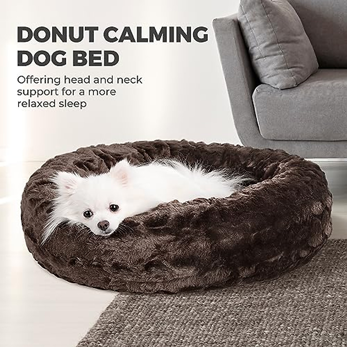 Veehoo Calming Dog Bed & Cat Bed, Anti-Anxiety Small Dog Beds for Medium Dogs, Washable Donut Round Pet Bed with Fluffy Faux Fur for Puppy and Kitten, 23x23 inch, Brown