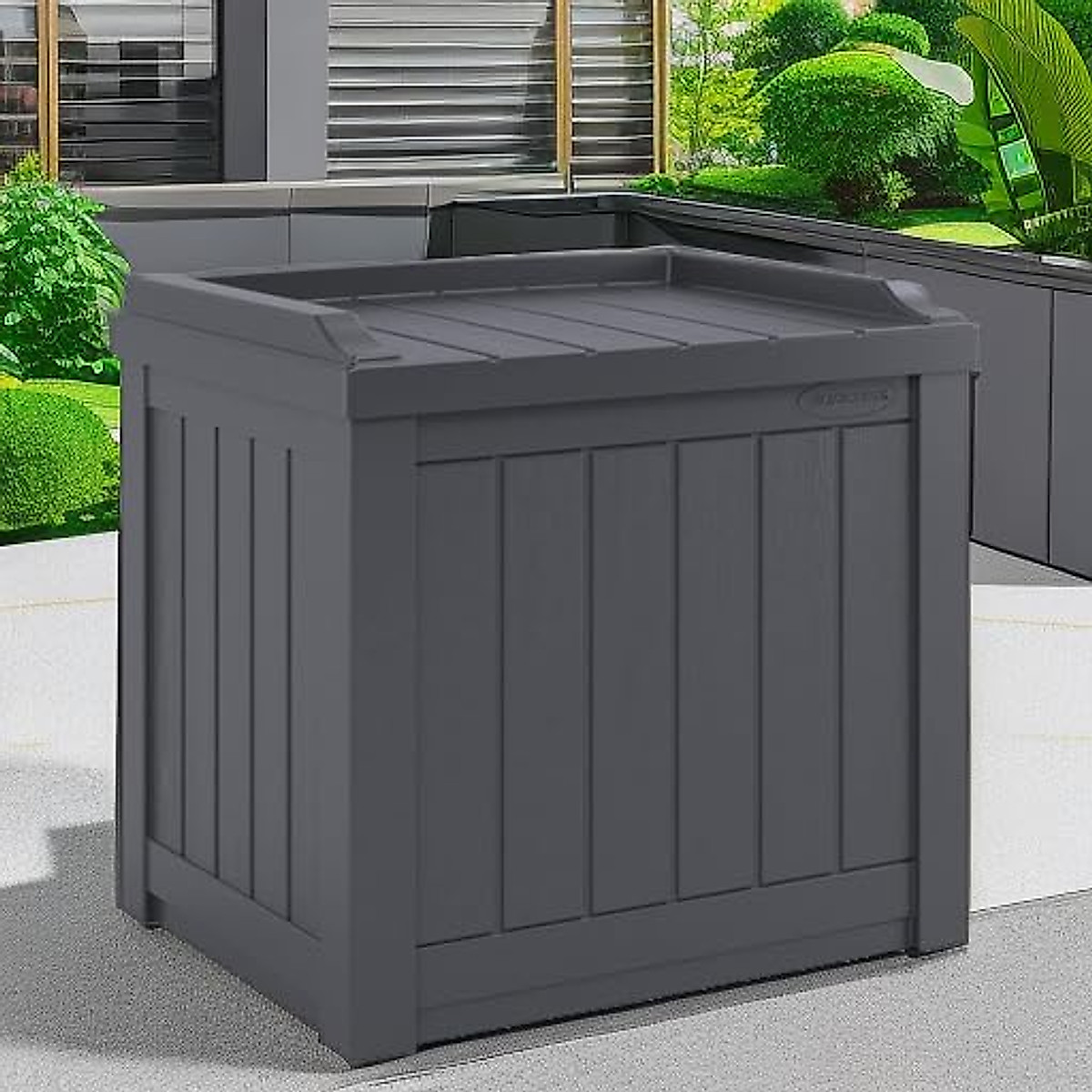 Suncast 22 Gallon Indoor or Outdoor Backyard Patio Small Durable Plastic Storage Deck Box with Attractive Bench Seat and Reinforced Lid, Cyberspace