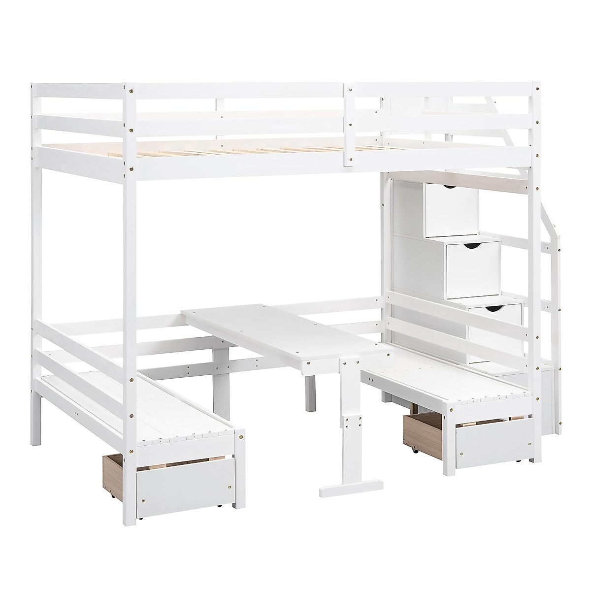 MERITLINE Full Loft Bed with Stairs and Desk, Wooden Full Loft Bed with Desk, Bunk Bed Full with Convertible Seats and Table Set Underneath for Kids Girls Boys Teens,White