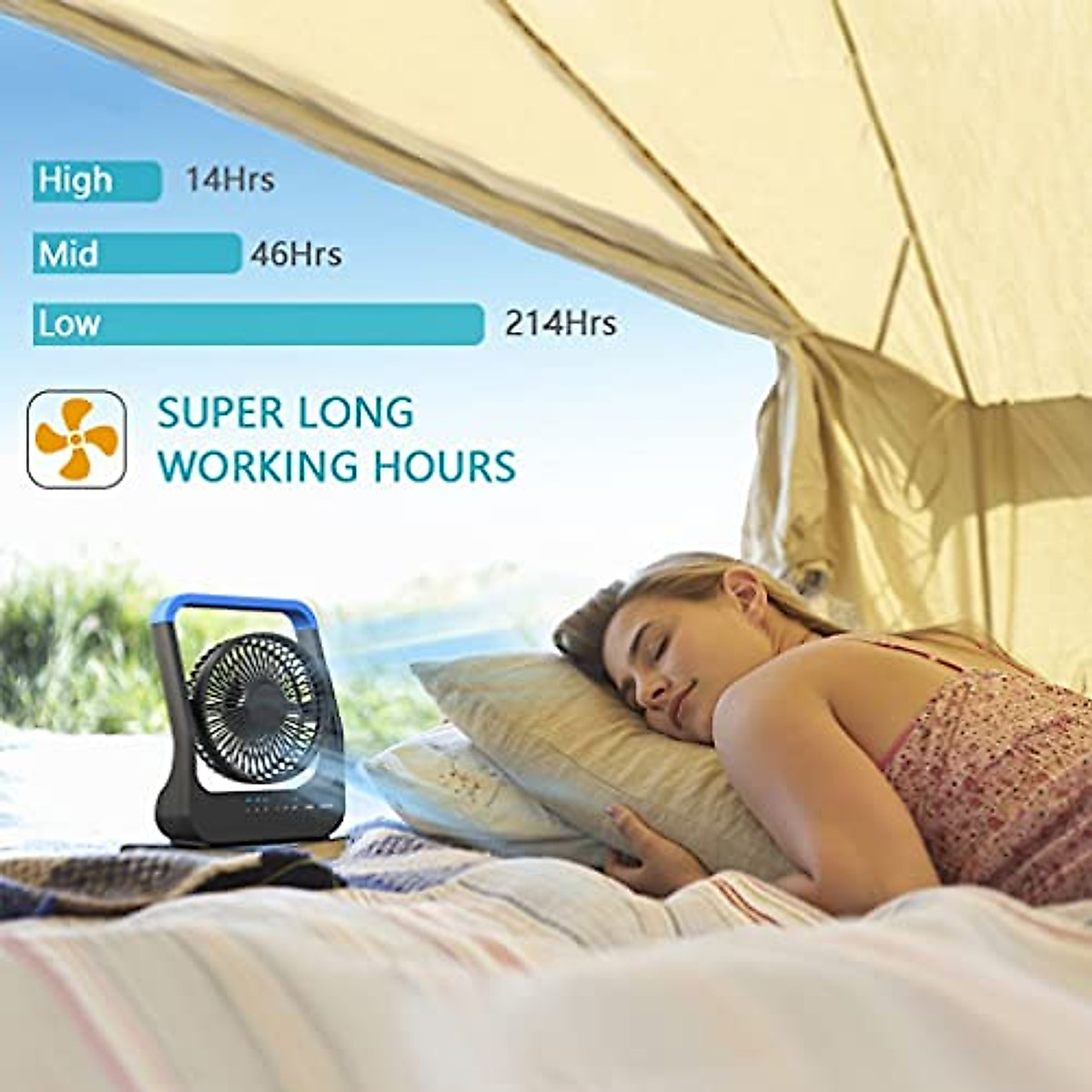 ALAGOON D Battery Operated Fan Portable for Hurricane, 214 H Super Long Lasting Desk Fan with Timer, 5'' Desk Fan Portable for room and camping, Quiet USB Fan for Office Bedroom, 3 Speeds (Blue)