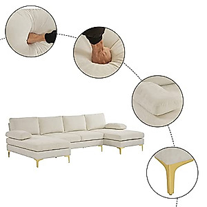 Karl home Convertible Sectional Sofa 110" U-Shape Sofa Couch 4-Seat Couch with Chaise ChenilleFabric Upholstered for Living Room, Apartment, Office, Creamy White