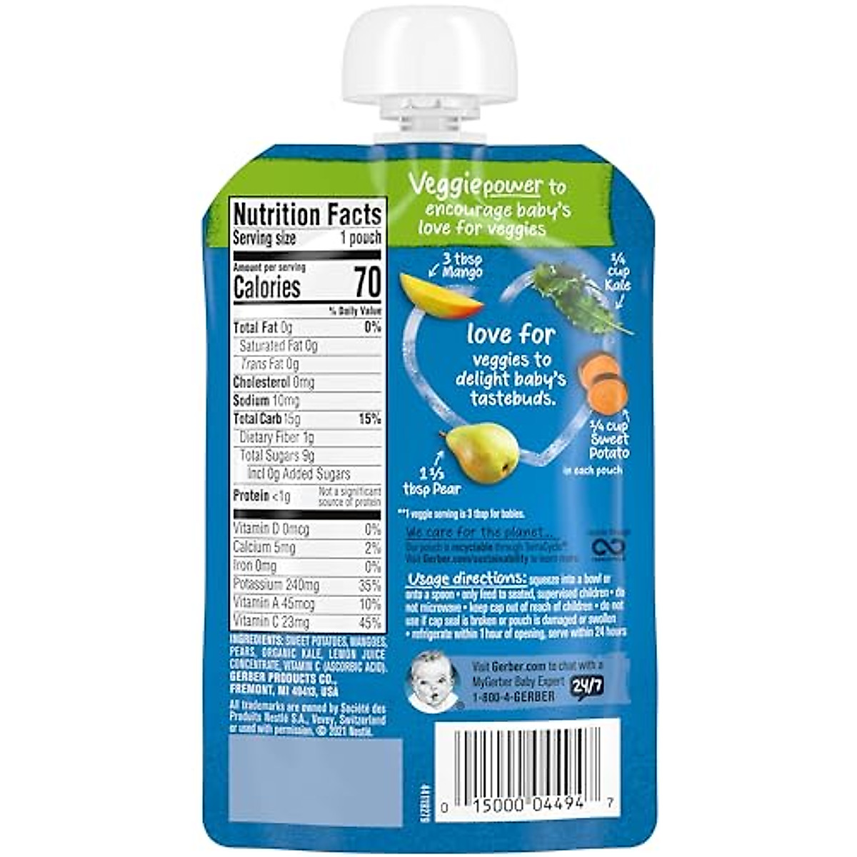 Gerber Baby Food Pouches, Sitter, Premium, Veggie Power, Sweet Potato Mango Pear Kale, 3.5 Ounce (Pack of 12)