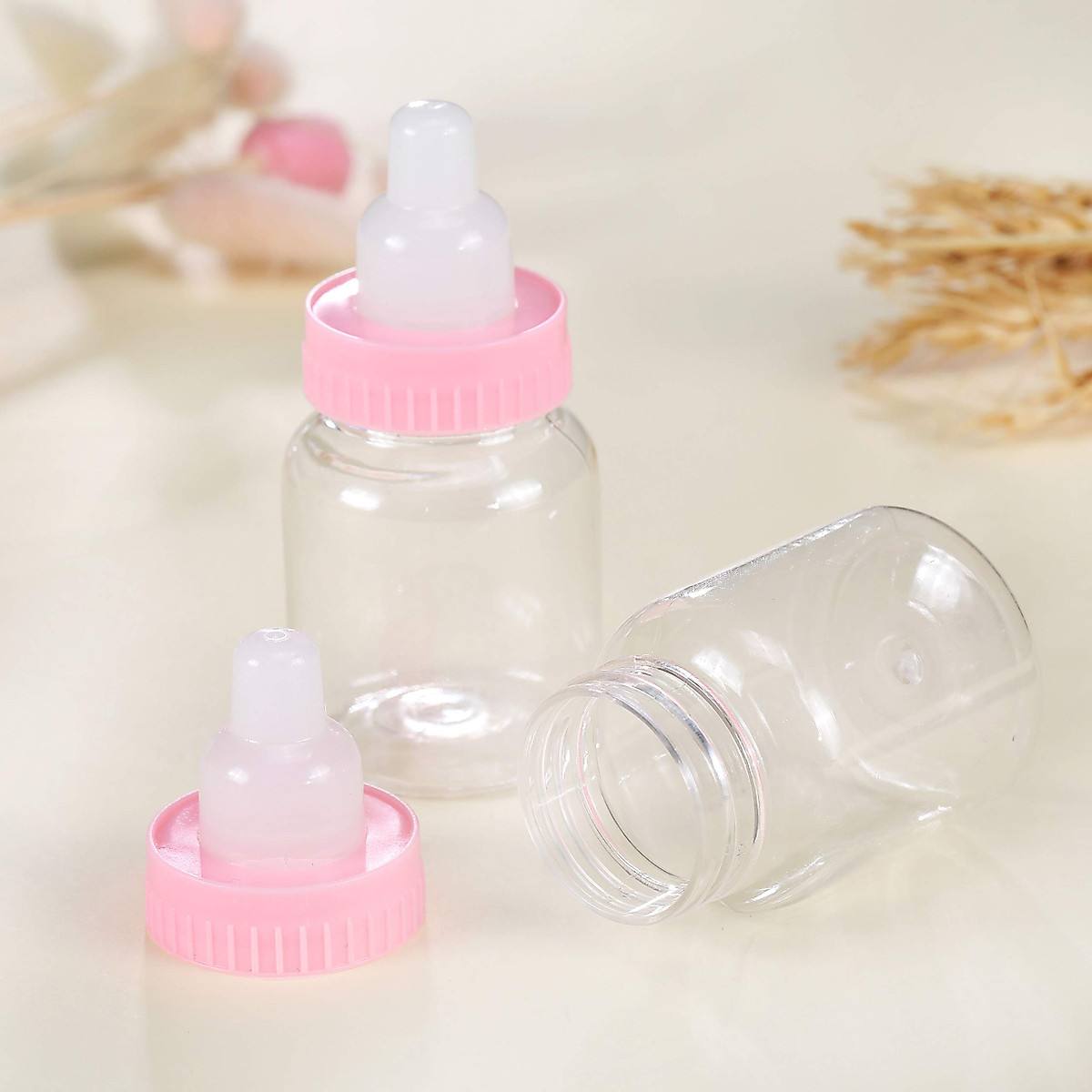 12 Pack Candy Bottles 10 Yards Ribbon and 48 Pack Acrylic Mini Pacifiers for Baby Shower Party Favors Decorations and Supplies by WeddParty (Pink A, 12)