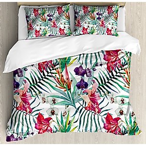 Ambesonne Floral Duvet Cover Set, Watercolored Tropical Exotic Foliage Vibrant Color Palette Hawaiian Summer Season, Decorative 3 Piece Bedding Set with 2 Pillow Shams, King Size, Sage Green