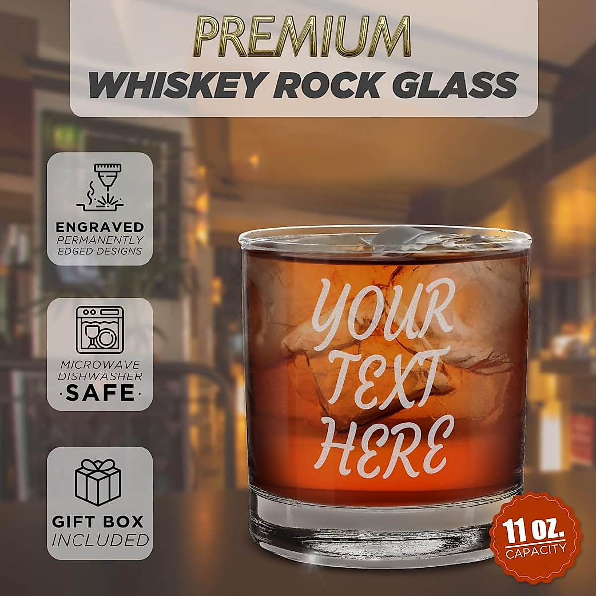 Personalized Your Text Here Engraved Bourbon Whiskey Glass 11 oz, Custom Drinking Rocks Glasses Gift for Him, Her