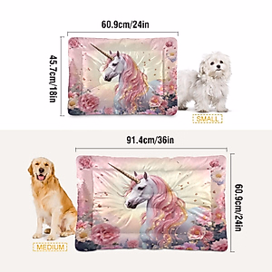 Kigai Unicorn Flowers Pet Bed Mat, Soft Cozy Crate Pet Mattress, Anti-Slip Bottom Machine Washable Pet Mat for Dog Sleeping