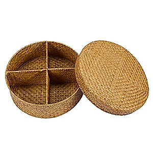 YIFANZHIBIAN Seagrass Storage Basket，Eco-friendly Wicker Basket with Lid，Woven Water Hyacinth Basket，Handmade and Natural Rattan Baskets with 4 Sections for Living Room（Round, Yellow Color）