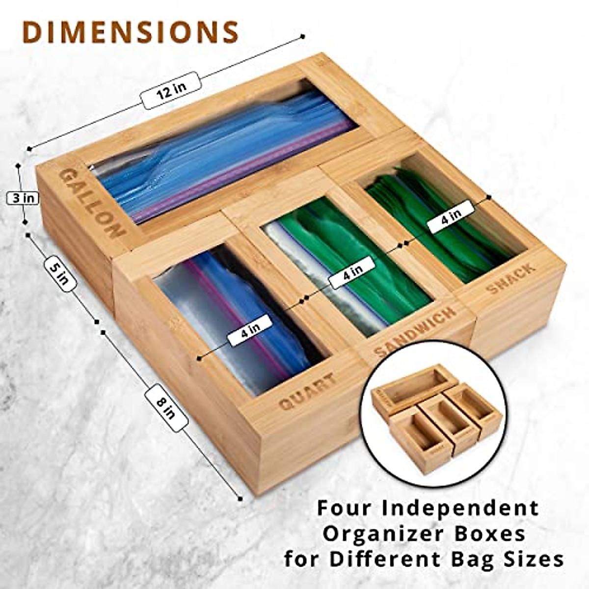 Plastic Bag Organizer and Sandwich Bag Organizer for Drawer Set of 4 – Bamboo Ziplock Bag Organizer - Zip Lock Bag Container and Baggie Organizer for Drawer - Ziplock Bag Storage Organizer by Peraco