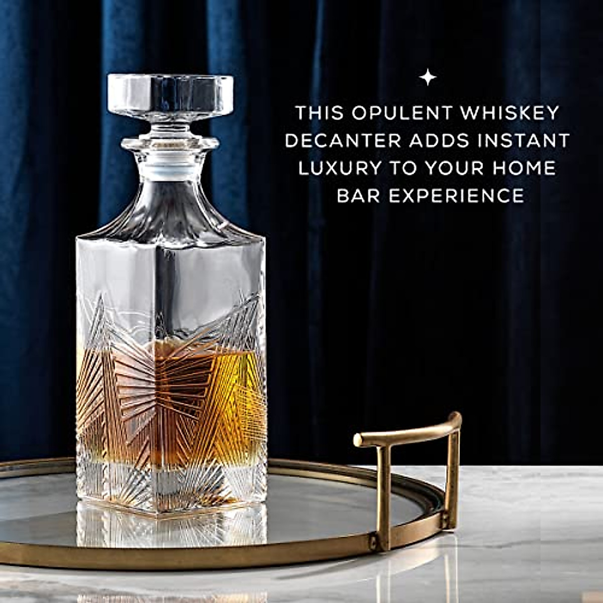 JoyJolt Gatsby Glass Whiskey Decanter. 27 oz Airtight Liquor Dispenser. Liquor Decanter with Stopper. Art Deco Bottle for Whisky, Bourbon, Scotch, Brandy, Cognac, Rum and Bar Cart Accessories