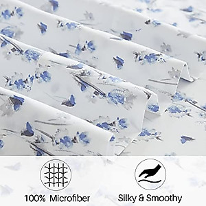 ILVOE Queen Size Bed Sheets, 4 Piece Floral Pattern Sheets, 16" Deep Pocket Sheets, Soft Luxury Cooling Sheets, Easy Care-Queen, Blue Flower