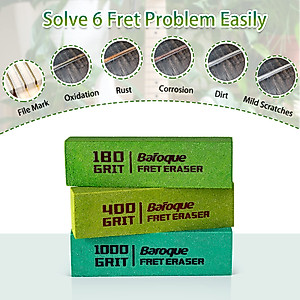 Baroque Fret Erasers 180 & 400 & 1000 Grits, Guitar Fret Polishing Abrasive Rubber Blocks, Set of 3 Grits