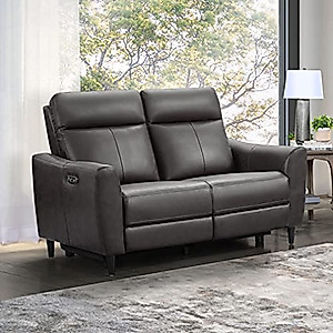 Abbyson Living Tomasino Leather Power Reclining Loveseat with Power Headrest, Dark Grey