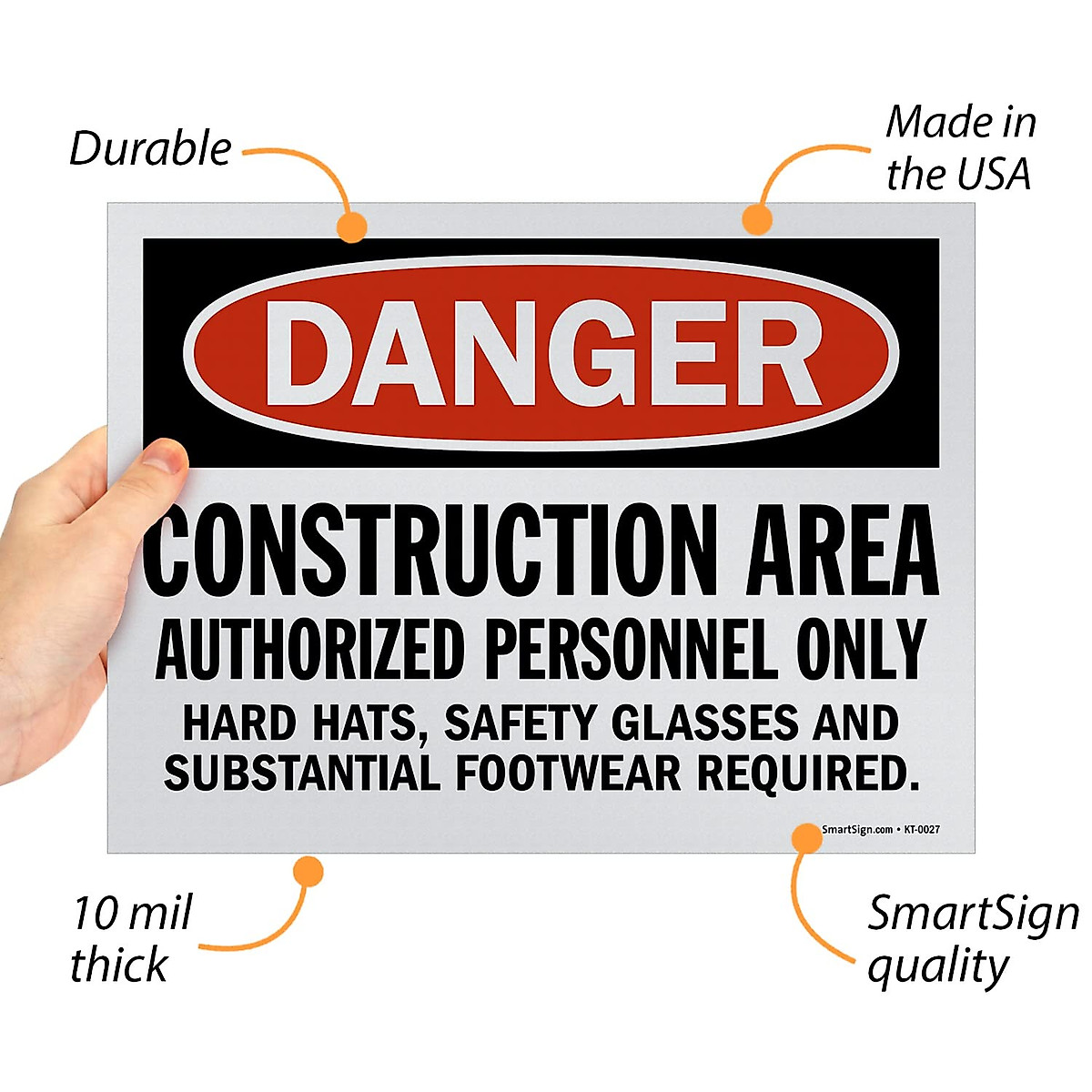SmartSign 5-Pack 9" x 12" 'Construction Area, Authorized Personnel Only, Hard Hats/Safety Glasses Required' OSHA Signs, Screen Printed, 10 mil Polystyrene Plastic, Red/Black/White, USA-Made