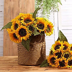 Laelfe 6PCS Artificial Sunflower Flowers Long Stem Silk Fake Sunflowers Decoration for Outdoor Home Wedding Birthday Party Single Bulk Yellow Decor(Dark Center)
