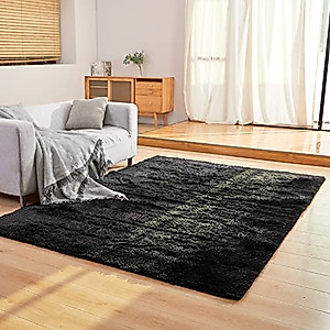 LFHHT Modern Indoor Fluffy Area Rug 5x7 Feet, Black Plush Fuzzy Shaggy Rugs for Living Room Bedroom Nursery Dorm Room Home Decor, Carpet Shag Rugs for Kids Girls Boys, Black