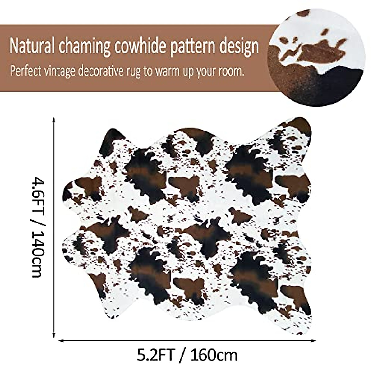 Aoczes Faux Cowhide Rug Cute Cow Print Rug Cow Rugs for Bedroom Living Room Nursery Western Home Decor Area Rug, Brown and White 4.6 x 5.2 Feet