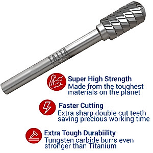 5pc Carbide Burr Set 1/4" Shank Tungsten Double Cut Rotary Die Grinder Bits - Cutting Burrs for Milwaukee, Dewalt and Die Grinder Accessories - Wood Carving Metal Working & Sturdy Storage Case