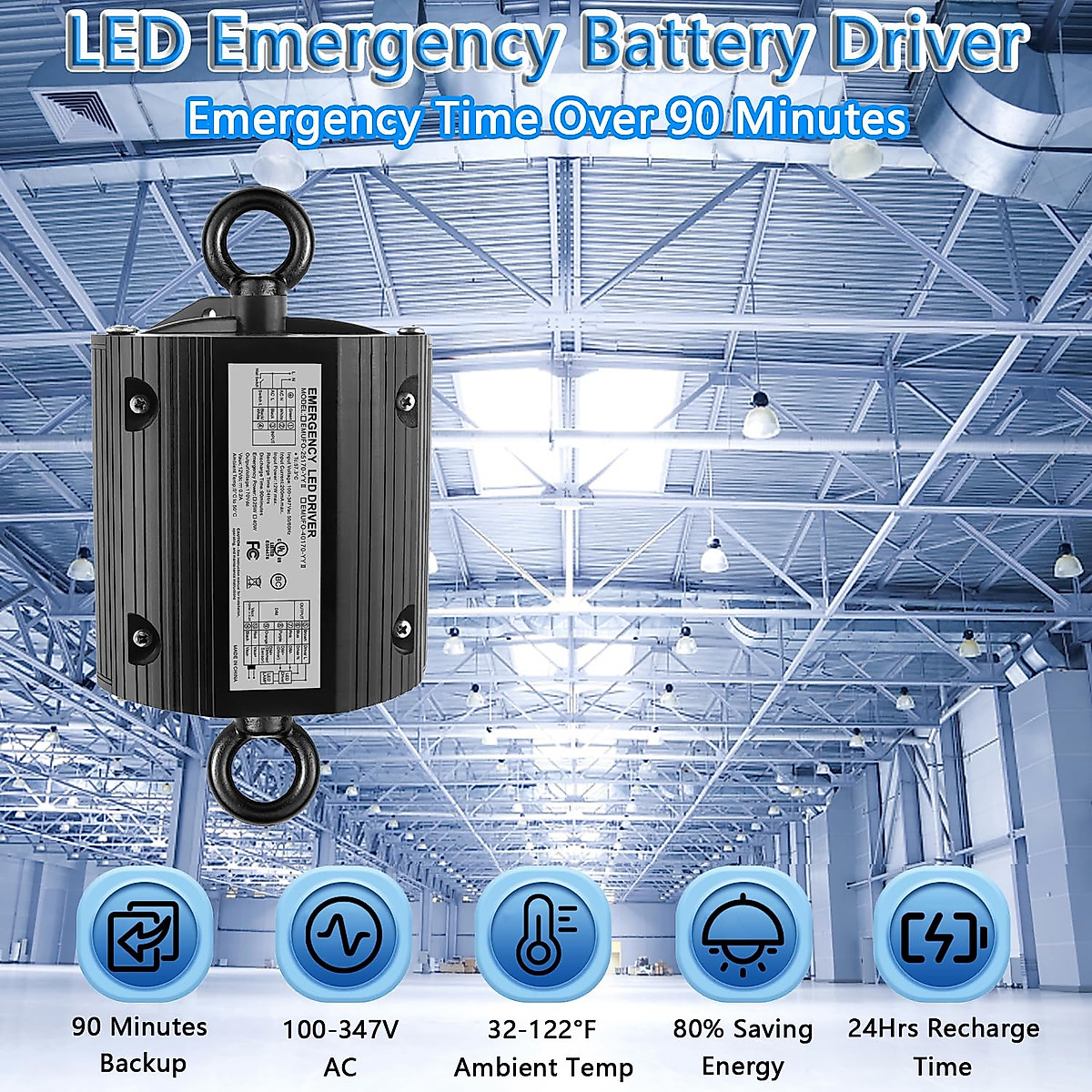 40W LED Emergency Driver for UFO LED High Bay Light, 0-10V Dimmable LED Emergency Backup Battery, Emergency Time 90 Minutes, Input AC 100-347V Output DC 170V, UL Certified 5 Year Warranty (8 Pack)