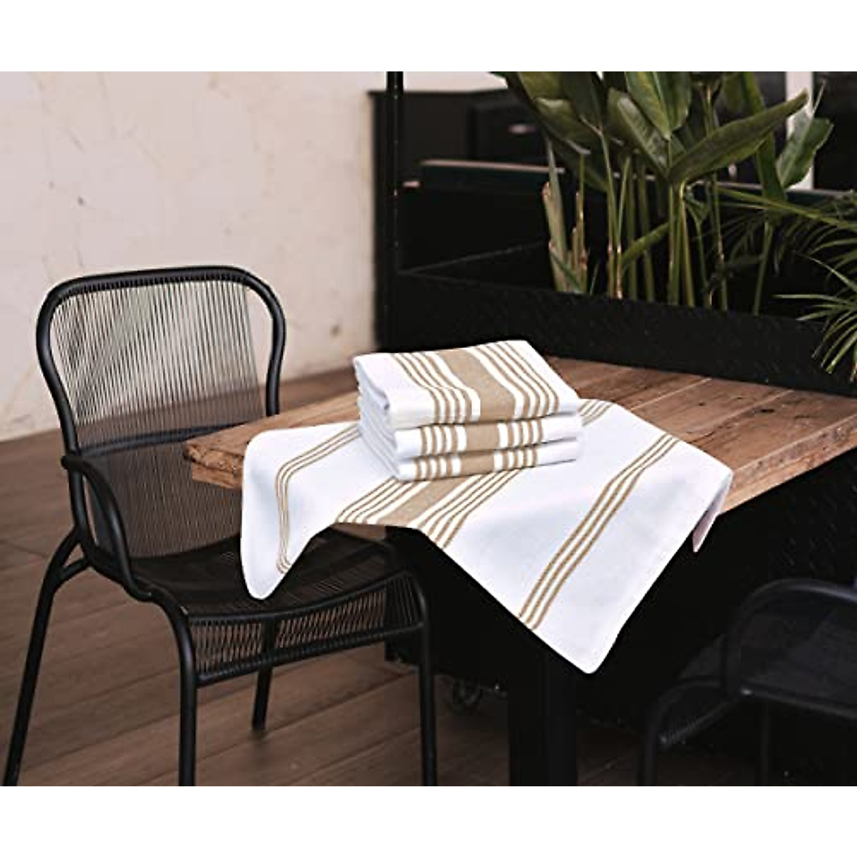 Cotton Dish Towels Set of 6 - Beige & White Tea Towels - Kitchen Dish Towels - Hand Towels with Hanging Loop - Striped Hand Towels, Farmhouse Dish Towels, Linen Bar Towels, (Beige/White, 18 x 28")