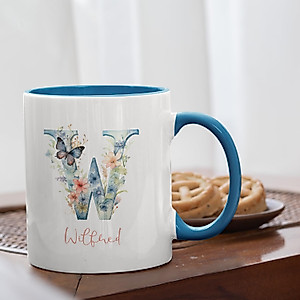 Personalized Colorful Flower Butterfly Initial Letter Ceramic Mug, Custom Name & Initial Letter W Monogrammed Alphabet Coffee Cups, Perfect Monogrammed Mugs Presents, Name Tea Cups