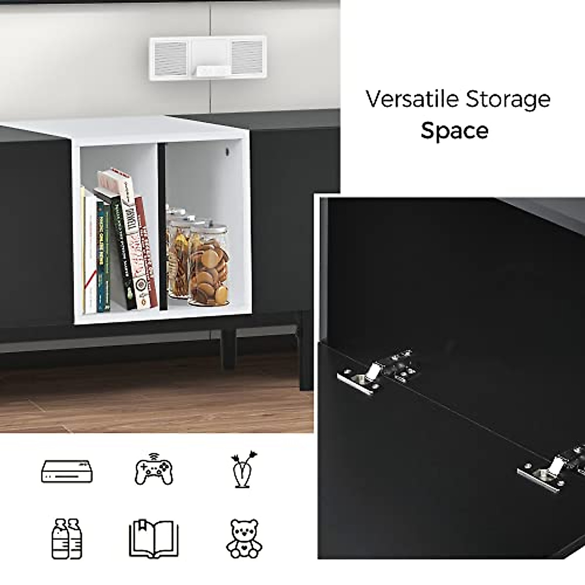 80 Inch TV Stand with Storage Cabinet and Open Shelves, Modern Black Media TV Console for TVs up to 80", Minimalist Wood Entertainment Center for Living Room, Bedroom